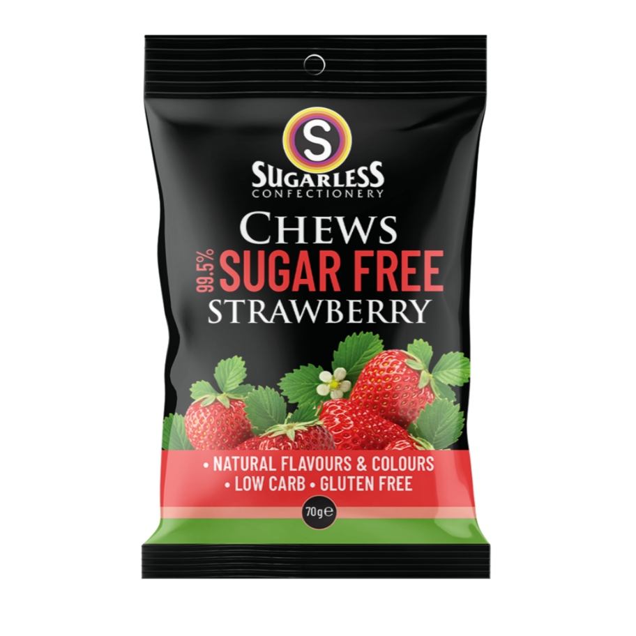 Sugarless Chews Strawberry 70g - Wicked Sweets & Lollies